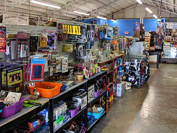 Colorful merchandise stacks high on industrial shelving, creating a rainbow of shopping possibilities throughout.