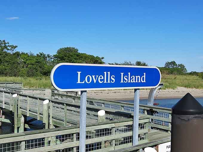 The bright blue sign welcomes you to shores where swimming and sunbathing beat any fancy spa treatment money buys.