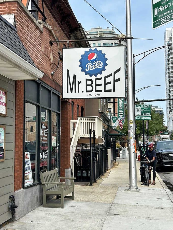 That simple hanging sign marks the spot where Italian beef dreams come true in downtown Chicago.