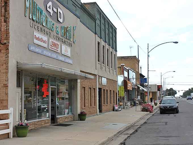Local shops display their wares along quiet Main Street where supporting small business doesn't require big budgets.