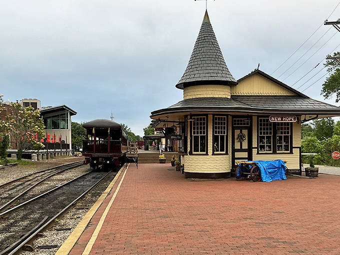 The old train station's distinctive turret evokes memories of steam engines and travelers from a more romantic era.