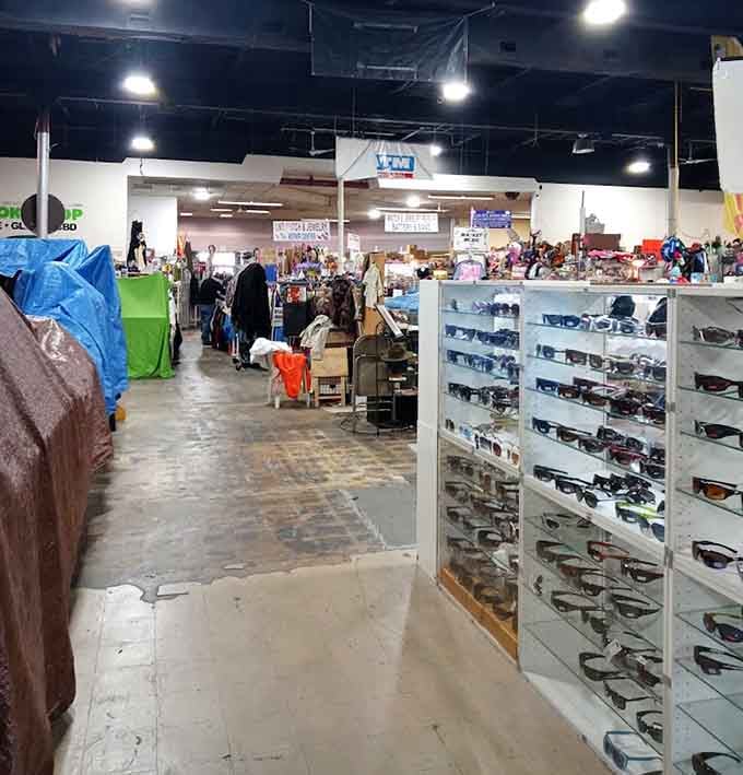 Sunglasses fill an entire wall display, offering enough eyewear options to make Elton John nod with approval.