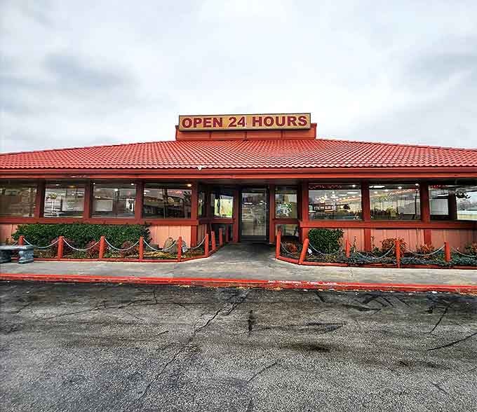 The welcoming entrance to Perry's Restaurant &ndash; where "Open 24 Hours" isn't just a sign, it's a promise.
