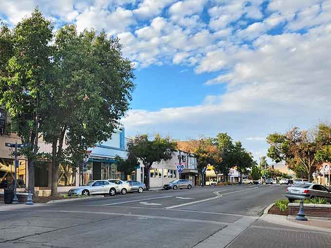 Porterville's main drag shows off its Central Valley roots with mature trees providing shade for leisurely afternoon strolls.