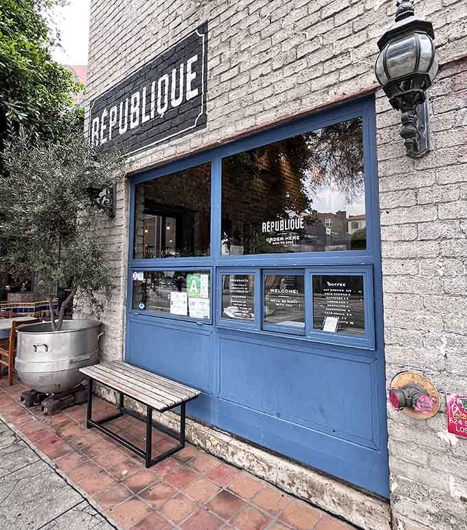 The vintage lamppost and olive tree create a European courtyard vibe that makes you forget you're stateside.