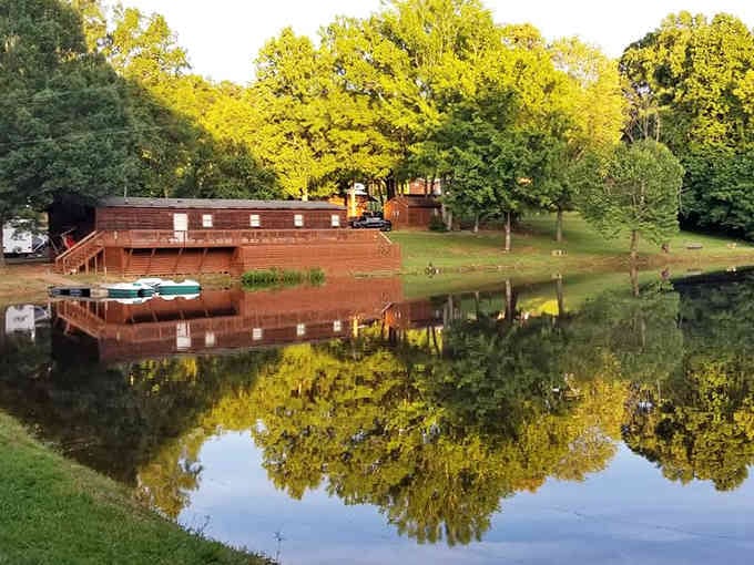 Peaceful lakeside reflections double the beauty like nature's own Instagram filter at work.