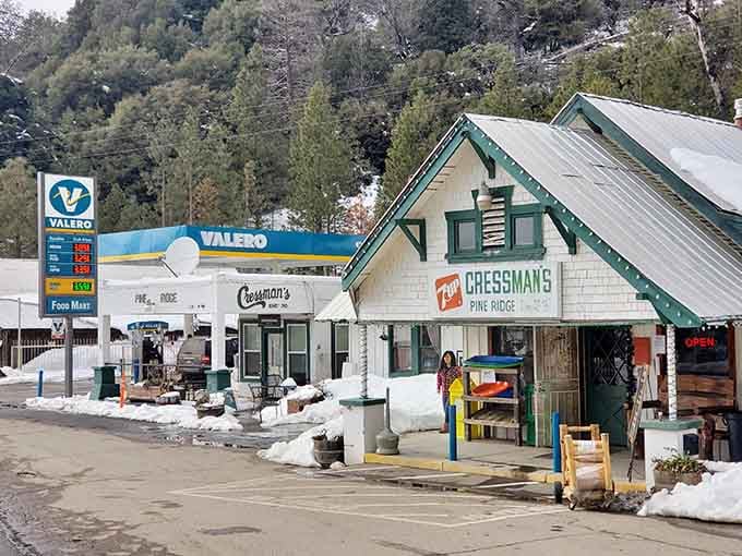 Snow piles high around vintage storefronts where locals still pump their own gas and know everyone's name by heart.