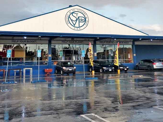 Even in the rain, St. Vincent de Paul's bright blue exterior shines like a beacon for bargain hunters.