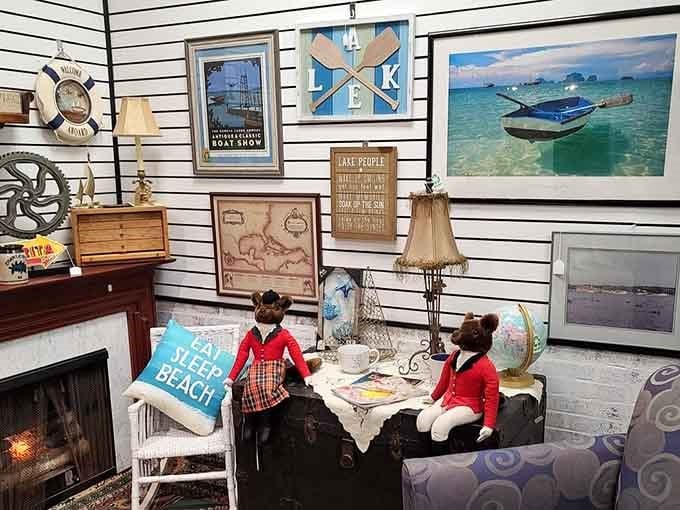 Nautical decor and lake-themed artwork fill this cozy corner, capturing the spirit of waterfront living at landlubber-friendly prices.