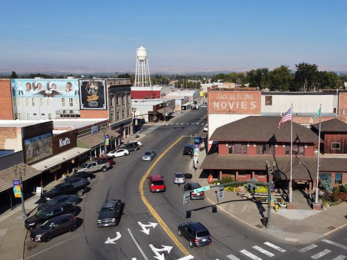 The water tower and "Let's go to the Movies" mural prove small towns still believe in old-fashioned entertainment.