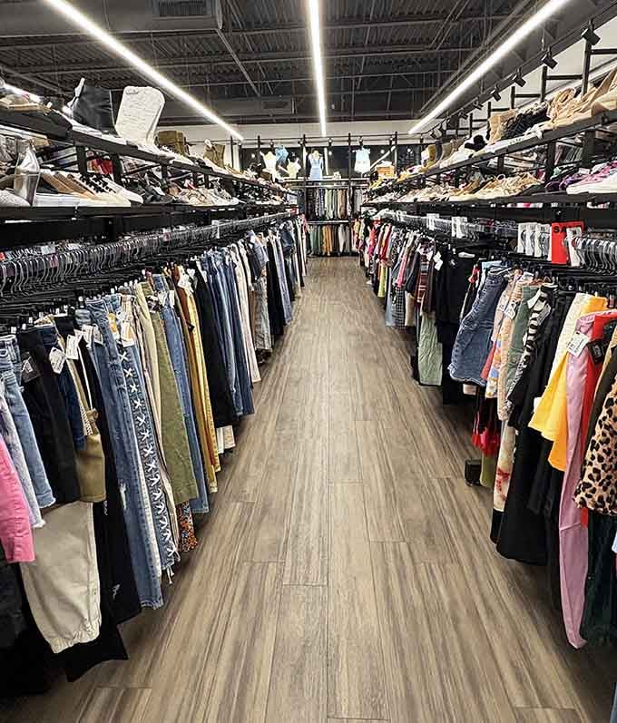 Organized racks stretching into the distance show how serious curation transforms secondhand shopping into a curated boutique experience.