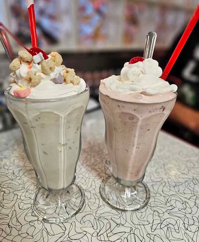 These towering milkshakes topped with whipped cream are thick enough to require serious straw commitment.