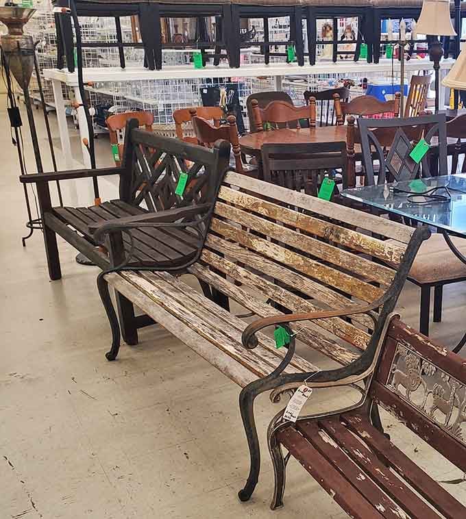 Park benches with character and stories, ready to add charm to your garden or porch space immediately.