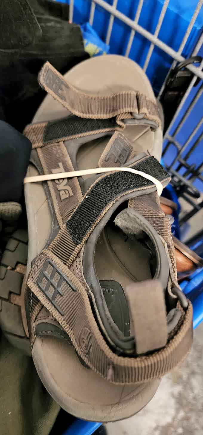 Designer sandals mixed with everyday shoes, all priced by weight, making every bin dive potentially profitable for your closet.