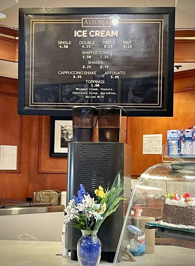 Ice cream options ranging from simple scoops to elaborate shakes, all reasonably priced for maximum indulgence.