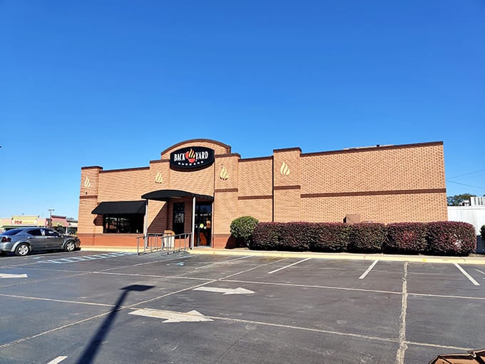 Even chain restaurants like Back Yard Burgers get the brick treatment in Meridian, where architectural consistency creates a cohesive downtown vibe.