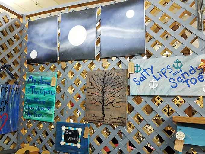 Handcrafted signs and artwork bring coastal charm to any space, no beach house required for enjoyment.