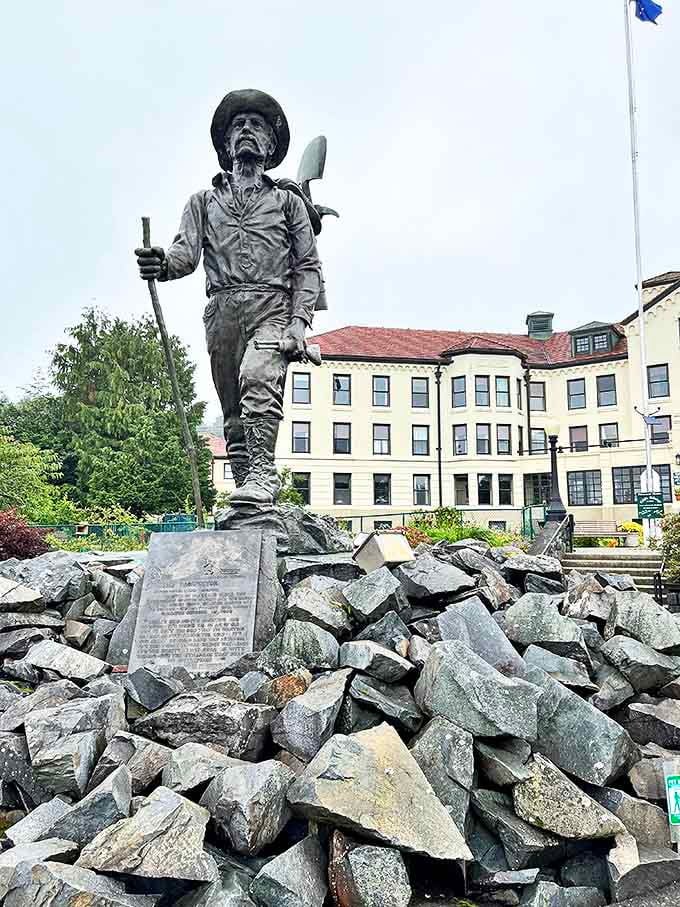 The Prospector statue stands tall against Sitka's skyline, commemorating those who came seeking gold but found something more valuable &ndash; home.
