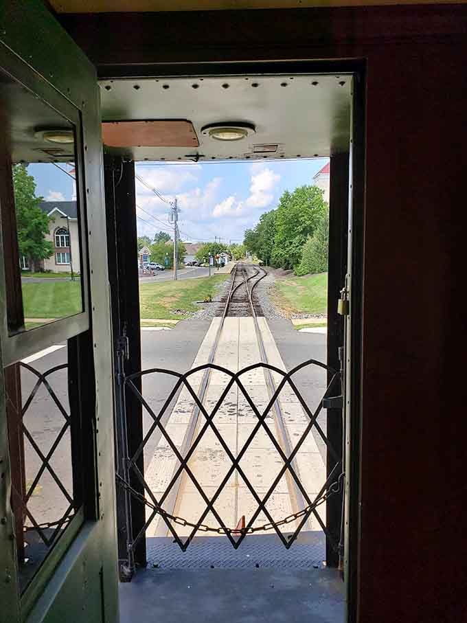 The view from the back of the train, where you can watch the world you're leaving behind get smaller.