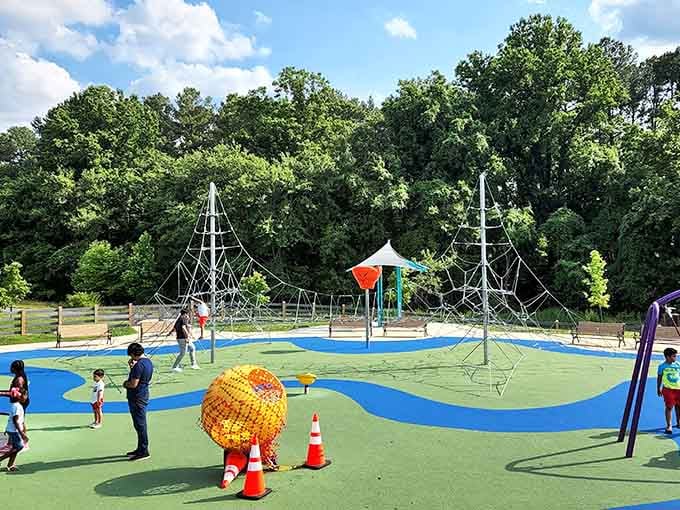 The pyramid structures create a geometric playground that would make Euclid proud, if he liked slides.