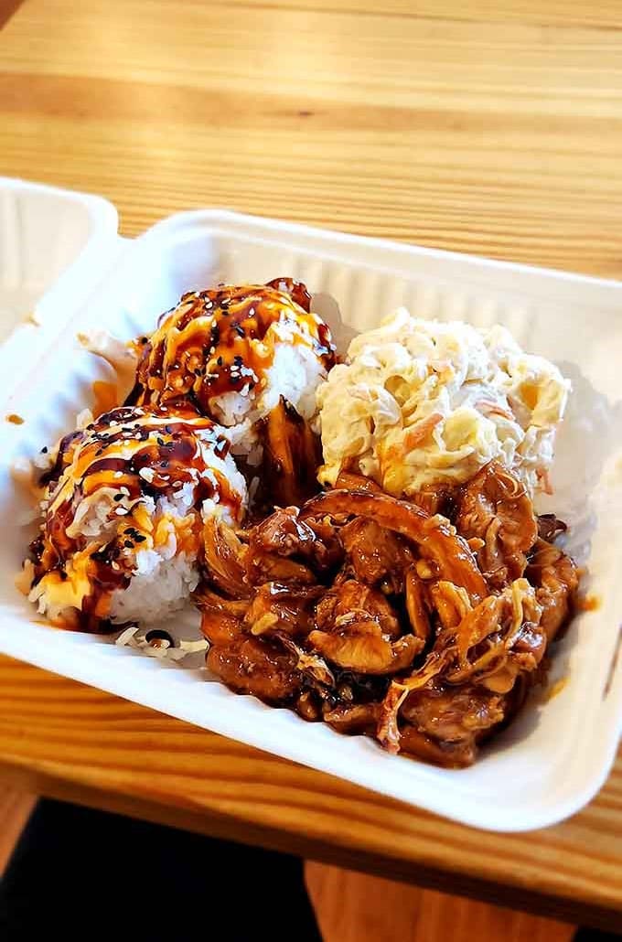 Teriyaki chicken over rice with slaw, because sometimes barbecue joints surprise you with delicious plot twists.