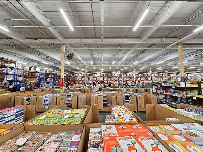 Cardboard boxes overflow with fresh inventory, like Christmas morning for adults who prefer pages to toys.
