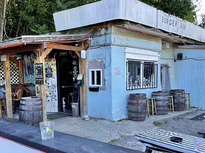 The unassuming entrance hides a world of neon-lit adventure, proving you absolutely should judge this book by its quirky cover.