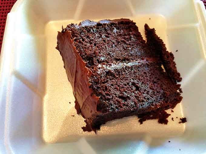 A slice of chocolate cake so rich and moist it makes you question why we don't eat dessert for breakfast more often.