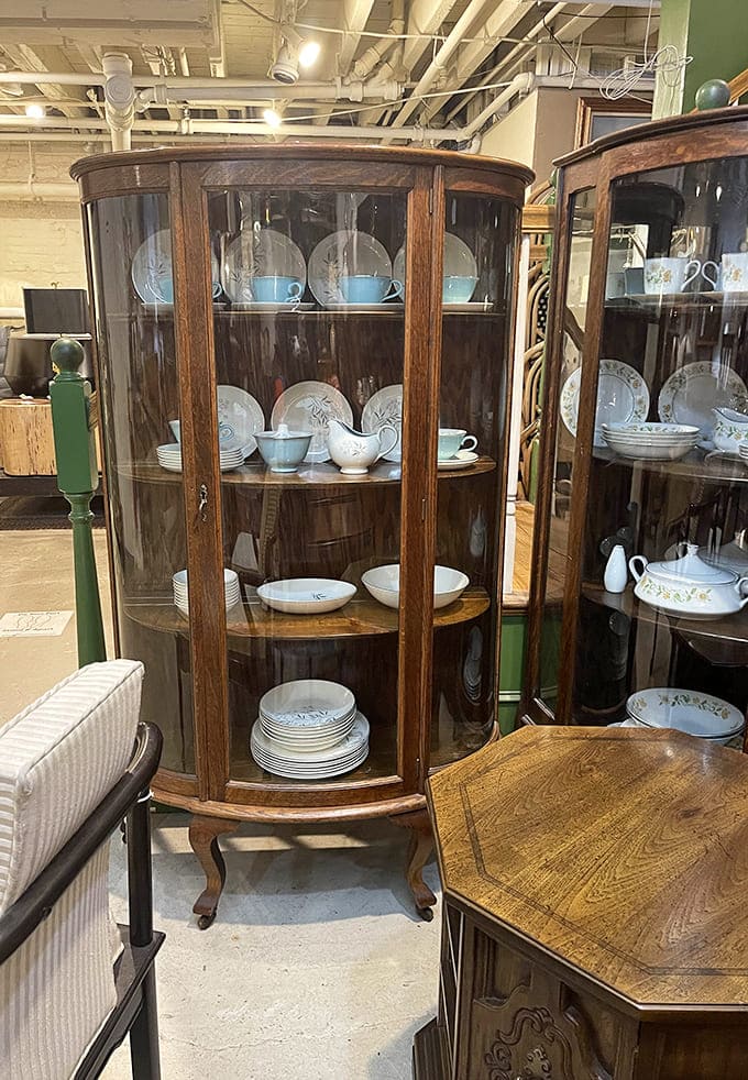 China cabinets displaying delicate dishware that survived decades without a single dishwasher cycle, imagine that.
