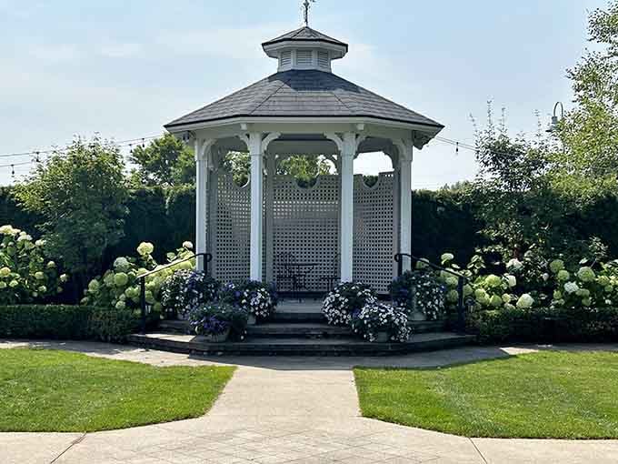This garden gazebo provides the perfect spot for contemplation, proposals, or just catching your breath between explorations.