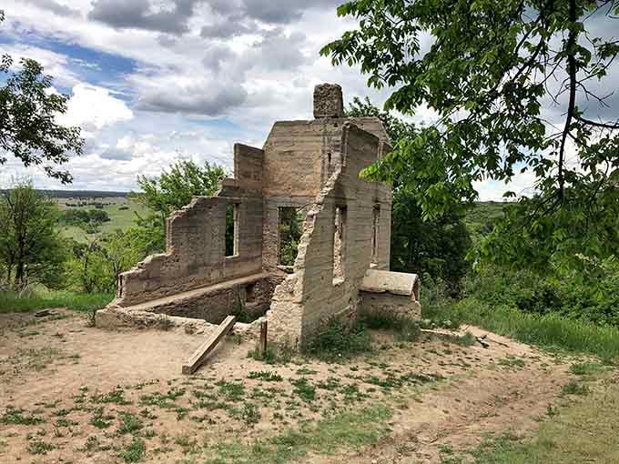 The Lucas Homestead ruins stand as ghostly reminders of frontier families who called this rugged landscape home.