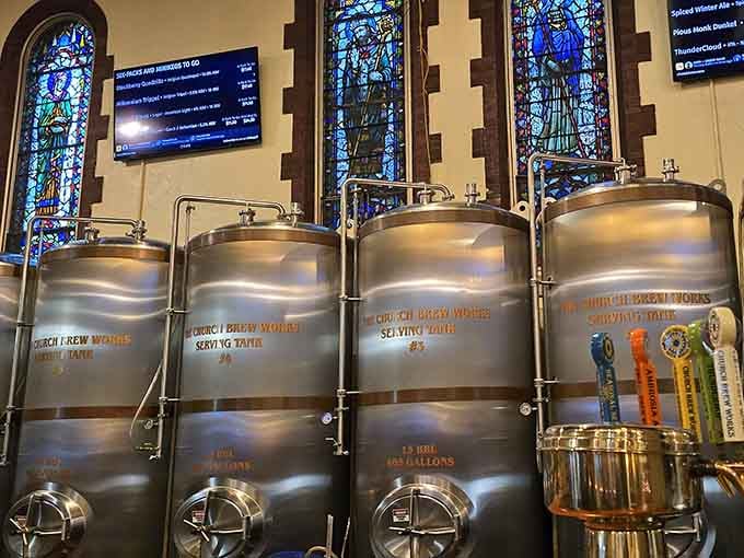 Those gleaming brew tanks sitting where the altar once stood are producing liquid miracles for the modern congregation.