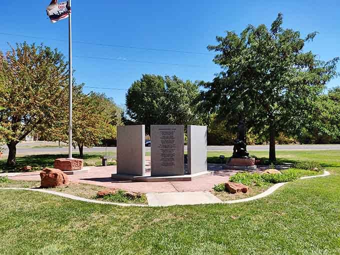 Every small town needs its gathering place—this memorial park serves as Escalante's living room, where community happens under open skies.