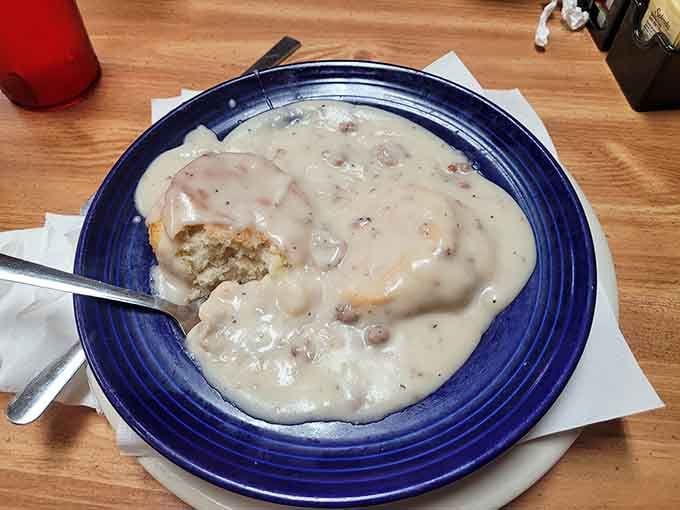 Biscuits drowning in sausage gravy, this is comfort food that gives actual hugs from the inside out.