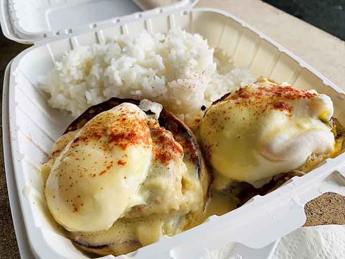 Eggs Benedict gets the island treatment with crab cakes that would make Maryland weep with jealousy.