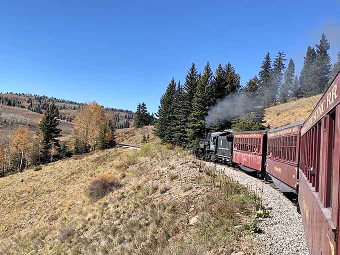 The locomotive curves through high-altitude terrain where aspens and pines frame views that no highway could ever match.
