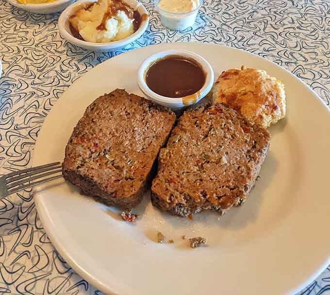 Meatloaf sliced thick and ready to eat proves that some classics never go out of style for good reason.