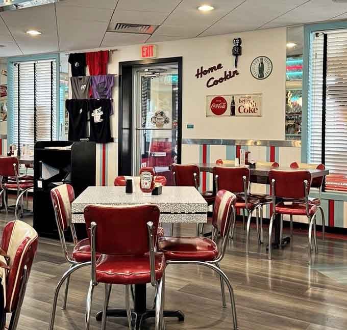 Even the entrance screams vintage charm with its checkerboard accents and bold red columns welcoming hungry time travelers.