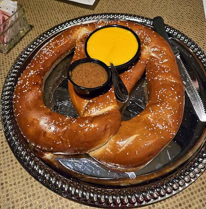 A pretzel so large it requires its own zip code, served with mustard for those brave enough to share.