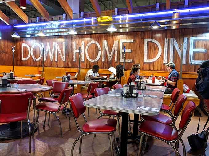 The "Down Home Diner" sign glows like a beacon, calling hungry souls to Southern comfort in downtown Philadelphia.