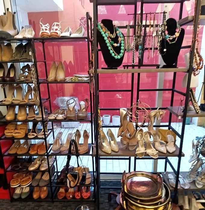 Shoes organized by size and jewelry sparkling behind glass prove thrift stores can absolutely have standards and style.