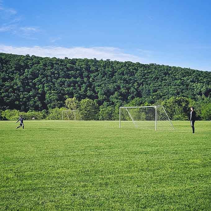 Green fields backed by forested mountains create the kind of view that makes kids actually want to play outside.