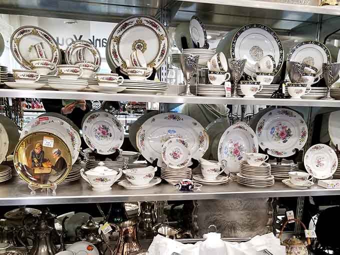 Fine china that once graced someone's special occasions, now waiting to make your Tuesday dinner feel downright fancy.