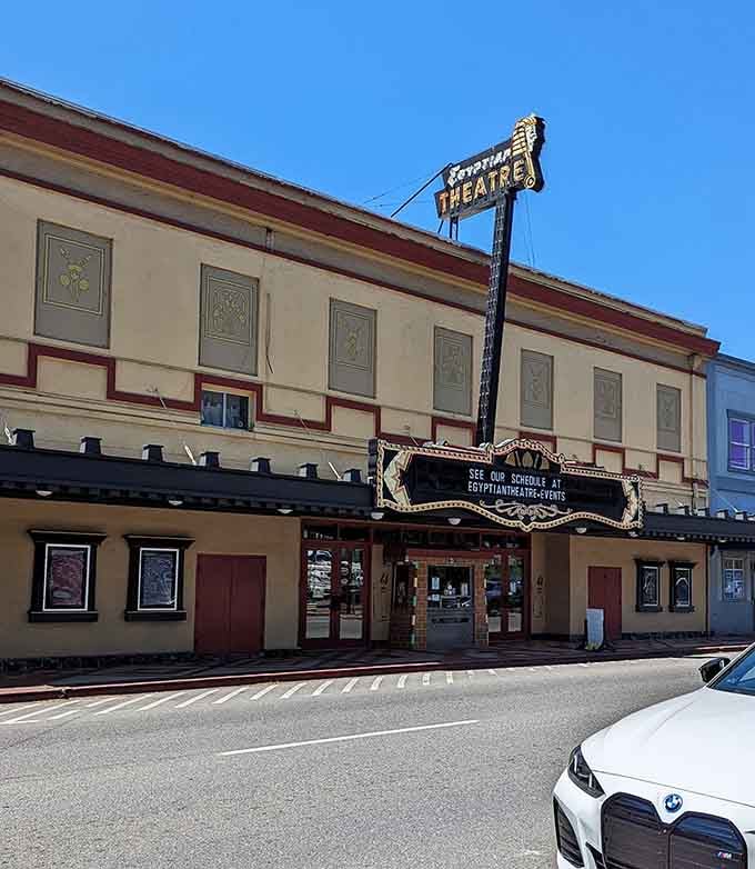 The Egyptian Theatre's Art Deco facade stands as a monument to when towns built things to last generations, not quarters.
