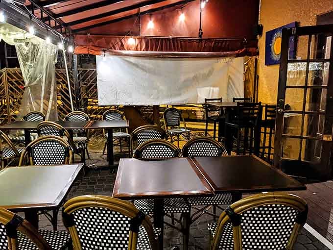 Evening patio seating where string lights and comfortable chairs create the perfect atmosphere for lingering over tapas.