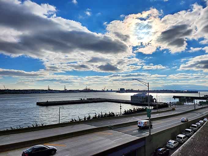 Dramatic skies over the waterfront remind you why people write songs about New York in the first place.
