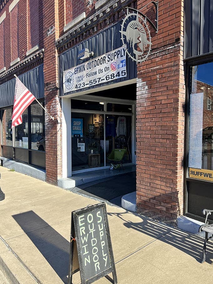 Erwin Outdoor Supply stands ready to outfit your mountain adventures. That sidewalk sign practically whispers, "Come in, the wilderness is waiting."