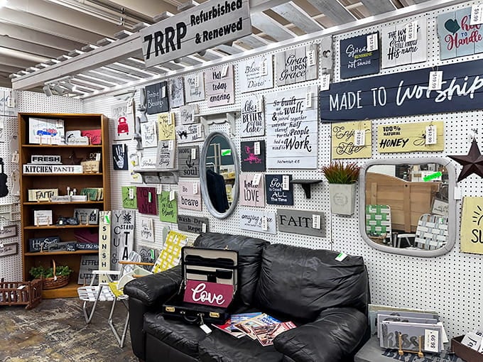 Inspirational signs cover every inch, because nothing says "refurbished and renewed" like a wall of wisdom.