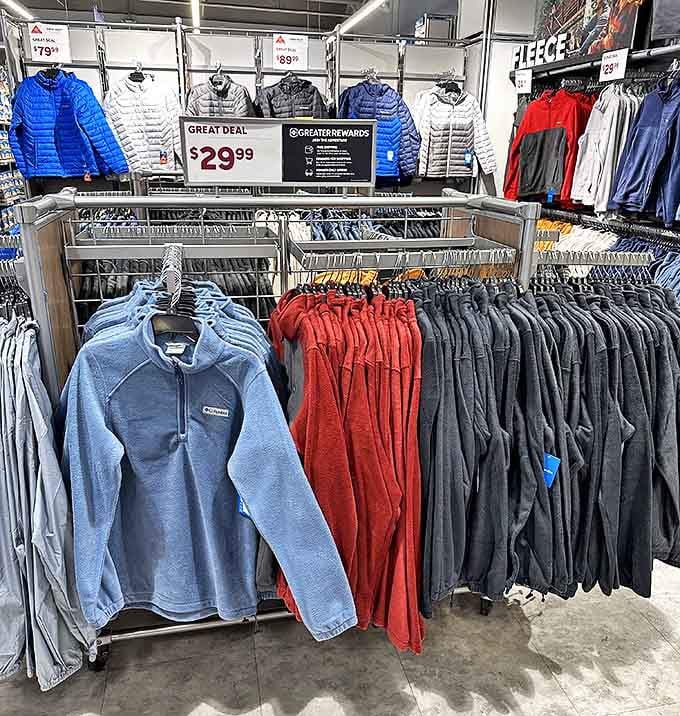 The fleece jacket wall &ndash; Massachusetts' unofficial uniform displayed in every color needed for both hiking trails and coffee runs.