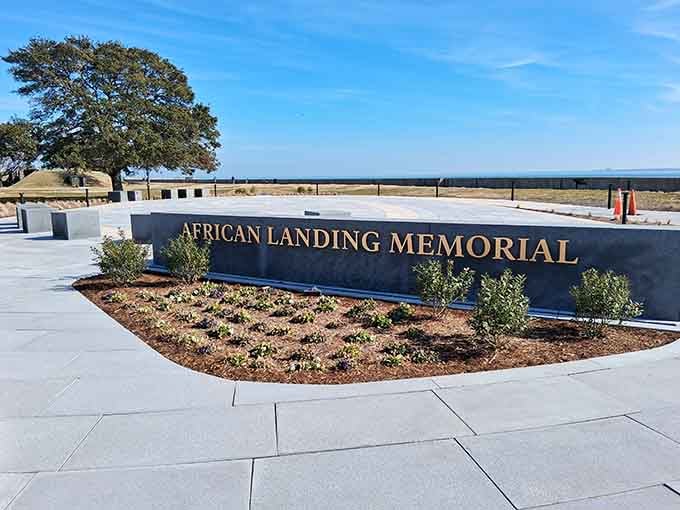The African Landing Memorial honors the beginning of a complex American story, beautifully designed against the endless bay horizon.